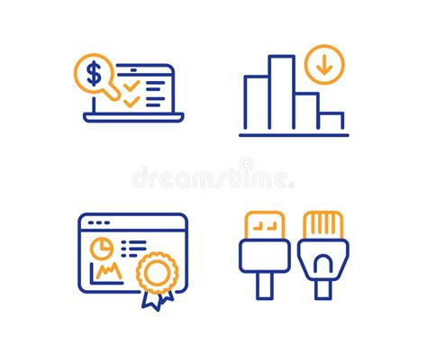 Seo Certificate Online Accounting And Decreasing Graph Icons Set Computer Cables Sign Vector