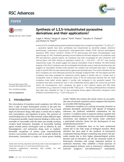 Pdf Synthesis Of 135 Trisubstituted Pyrazoline Derivatives And Their Applications