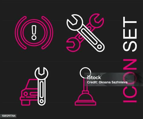 라인 기어 시프터 자동차 서비스 렌치 및 브레이크 시스템 경고 아이콘을 설정합니다 벡터 경계 표지에 대한 스톡 벡터 아트 및 기타 이미지 Istock