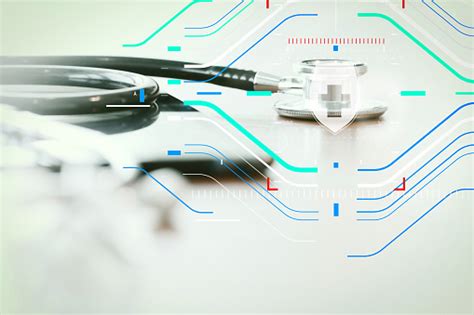 청진 기 및 얕은 Dof와 디지털 태블릿의 스튜디오 매크로 균등 하 게 일치 하는 나무 테이블 배경 복사 공간에 개요 원격의료에 대한 스톡 사진 및 기타 이미지 Istock