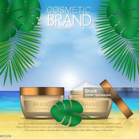 이국적인 야자수와 해변 배경에 여름 선크림 화장품 디자인 서식 파일 나뭇잎 3d 현실 태양 보호와 제품 광고입니다 3차원 형태에 대한 스톡 벡터 아트 및 기타 이미지