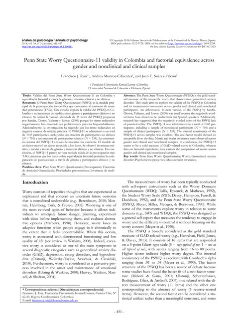 Pdf Penn State Worry Questionnaire 11 Validity In Colombia And Factorial Equivalence Across