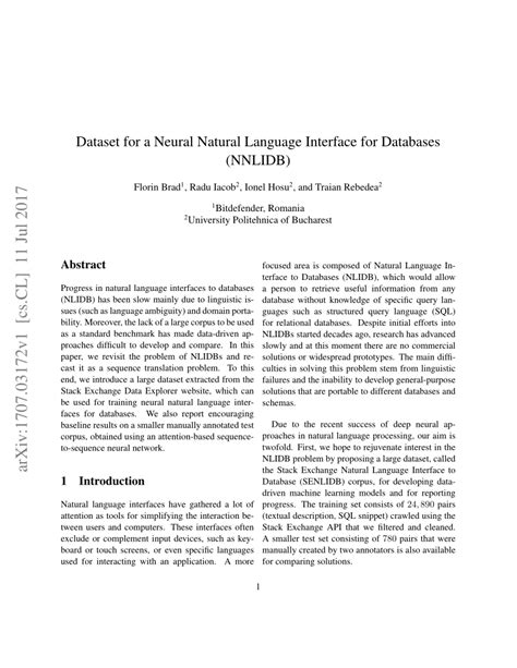 Pdf Dataset For A Neural Natural Language Interface For Databases Nnlidb