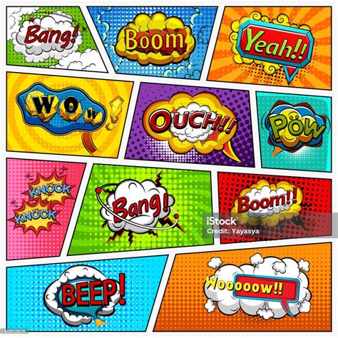 만화 책 페이지 배경 라인으로 나눈 값입니다 레트로 배경 모형 및 음향 효과입니다 만화 템플릿입니다 일러스트 레이 션 Brand Name Online Messaging