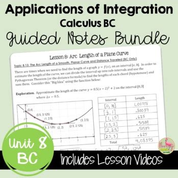 Applications Of Integration Guided Notes BC Version Unit 8 Distance Learning