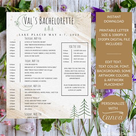 Rustic Bachelorette Itinerary Template Bachelorette Party Template