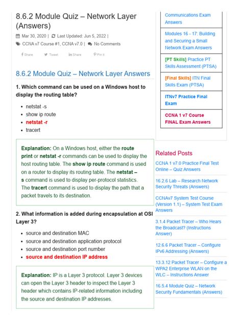 862 Module Quiz Network Layer Answers Pdf I Pv6 Internet Protocols