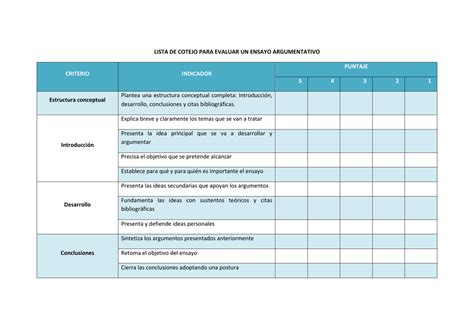 Lista De Cotejo Para Evaluar Un Ensayo