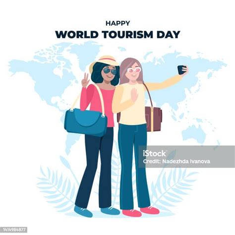 세계 관광의 날 축하를위한 플랫 일러스트레이션 셀카 벡터 일러스트 레이 션을 찍는 소녀 0명에 대한 스톡 벡터 아트 및 기타 이미지 0명 관광 문화 Istock