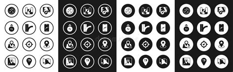 Set City Map Navigation Road Traffic Sign Compass Radar With Targets Monitor Folded