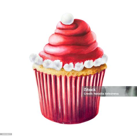크림을 곁들인 수채화 크리스마스 달콤한 머핀 새해 손으로 빨간 컵케이크를 하얀 배경에 분리했다 디자이너 음식 장식 메뉴 상점 엽서 포장지 표지 포스터 및 직물용 0명에 대한