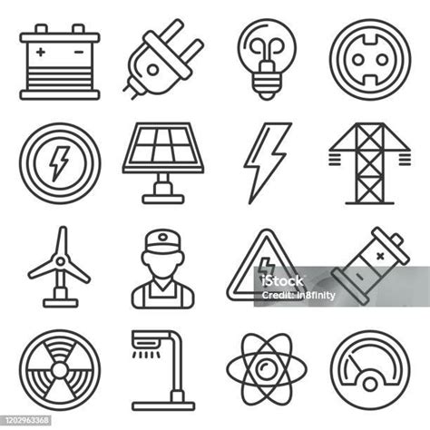 흰색 배경에 설정 된 에너지 전기 아이콘입니다 선 스타일 벡터 검은색에 대한 스톡 벡터 아트 및 기타 이미지 검은색 경계 표지 공구상자 Istock