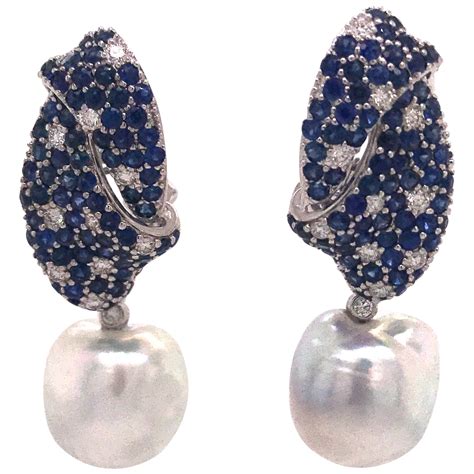 Sapphire Diamond Pearl Drop Earrings 18 Karat White Gold For Sale At