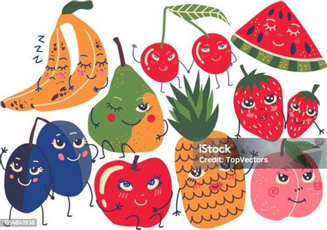 웃는 얼굴로 귀여운 재미 과일 세트 바나나 배 매 화 사과 체리 박 딸기 파인애플 복숭아 만화 캐릭터 벡터 일러스트 건강한 식생활에 대한 스톡 벡터 아트 및 기타 이미지
