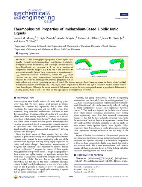 Pdf Thermophysical Properties Of Imidazolium Based Lipidic Ionic Liquids