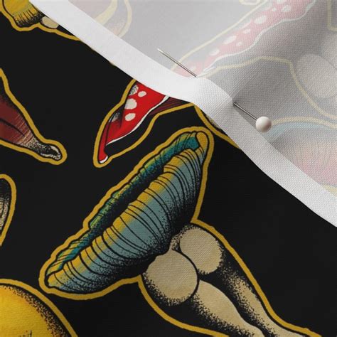 Sexy Mushrooms Black Background Fabric Spoonflower
