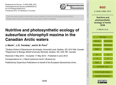 Pdf Nutritive And Photosynthetic Ecology Of Subsurface Chlorophyll Maxima In Canadian Arctic