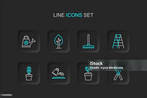 세트 라인 원예 가위 식물 냄비 물 뿌리개 꽃 나무 계단 갈퀴 나무 및 아이콘 벡터 0명에 대한 스톡 벡터 아트 및 기타 이미지 Istock