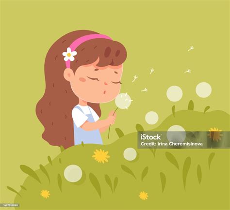 귀여운 소녀가 민들레 벡터 그림을 불고 있다 씨앗을 불고 봄과 여름 자연에서 시간을 즐기기 위해 꽃을 손에 들고 있는 만화 고립된 아이 식물을 가진 작은 사람의 달콤한