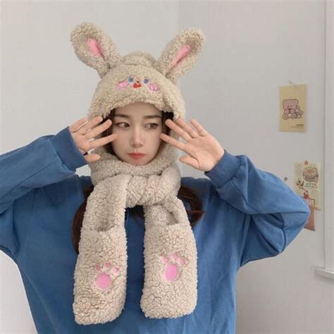 업타운걸스 앙큼한토끼곰 후드 머플러 넥 워머 털 모자 목도리 곰돌이 귀마개 스키 업타운걸스 위시버킷