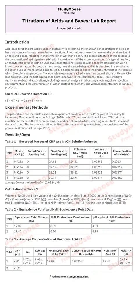 Titrations Of Acids And Bases Lab Report StudyMoose