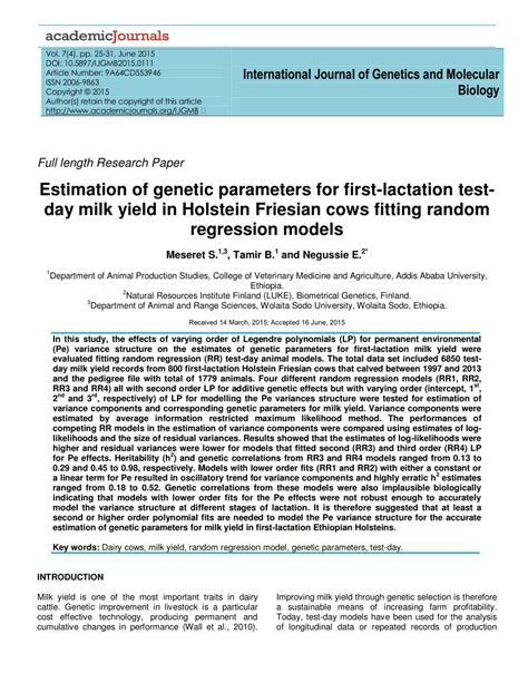 Pdf Estimation Of Genetic Parameters For First Lactation Test Day Milk Yield In Holstein