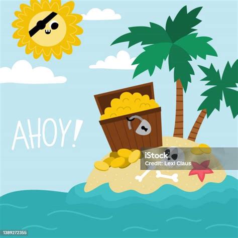 벡터 보물 섬 풍경 일러스트 무인도 보물 상자 야자수가있는 해적 파티 장면 귀여운 여름 광장 배경 호이 사인이있는 아이들을위한 해양 사진 보석함에 대한 스톡 벡터 아트 및