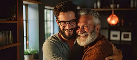 Adult Hipster Son And Old Senior Father Enjoying Time Together At Home