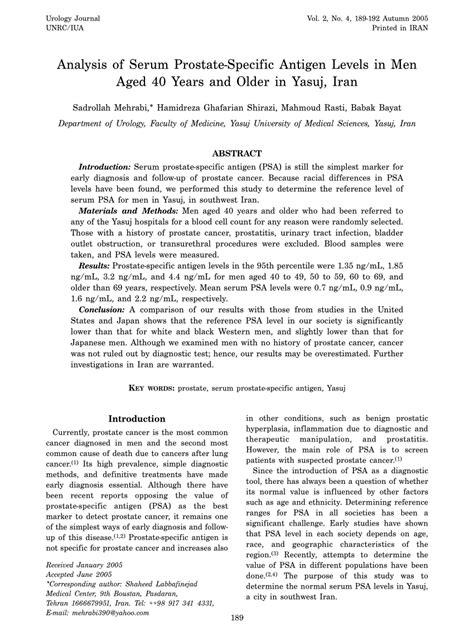 Pdf Analysis Of Serum Prostate Specific Antigen Levels In Men Aged 40 Years And Older In Yasuj