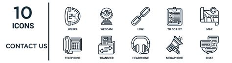 문의하기 개요 아이콘 세트에는 얇은 라인 시간 링크 지도 전송 확성기 채팅 보고서 프레젠테이션 다이어그램 웹 디자인을 위한 전화 아이콘이 포함됩니다 날씬한에 대한 스톡 벡터