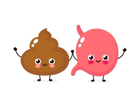 귀여운 행복 웃는 위장과 똥 문자 벡터 평면 만화 일러스트 레이 션 디자인입니다 흰색에 격리 위와 똥 친구 캐릭터 컨셉