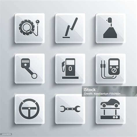 렌치 스패너 리프트 수리 차량 멀티 미터 가솔린 또는 주유소 스티어링 휠 엔진 피스톤 타이어 공기압 게이지 및 기어 시프터 아이콘을 설정합니다 벡터 계기판 측정기에 대한