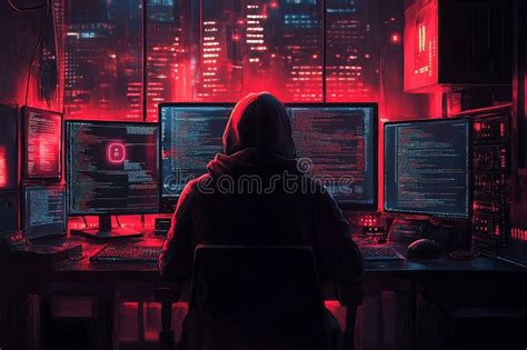 A Hacker S Dark Room With Multiple Monitors Displaying Lines Of Code Stock Illustration