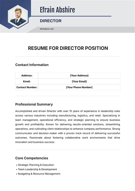 Free Resume For Director Position Template To Edit Online