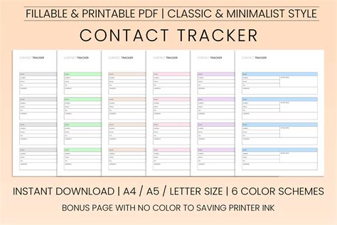 Printable Contact Tracker Template Pdf Digital Address Book A4 A5 Us Letter Fillable And