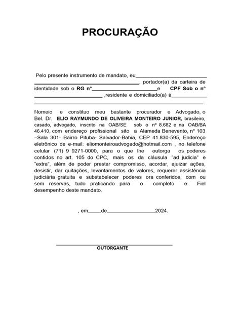Procuração Civel Modelo 2024 Para Preencher Datar Assinar E Imprimir