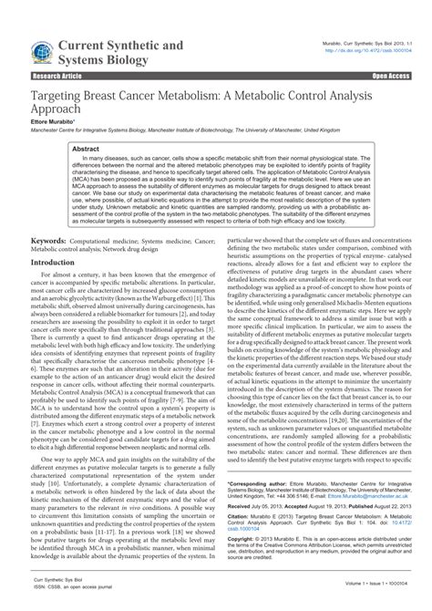 Pdf Current Synthetic And Systems Biology Targeting Breast Cancer Metabolism A Metabolic