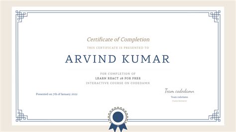 Arvind Kumars Certification For Learn React 18 For Free Codedamn