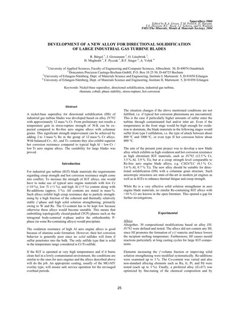 Pdf Development Of A New Alloy For Directional Solidification Of Large Industrial Gas Turbine