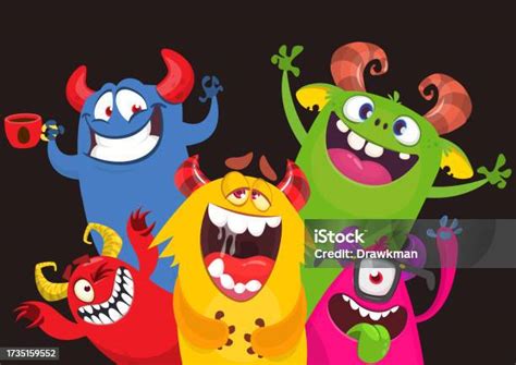 카르툰 몬스터 세트 할로윈 파티 초대장 또는 다양한 생물이 축하하는 포스터 디자인 벡터 그림입니다 어린이 휴가에 좋습니다 가공의 인물에 대한 스톡 벡터 아트 및 기타 이미지