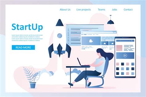 Premium Vector Start Up Landing Page Rocket Take Off Girl Programmer With Laptop Mobile Phone