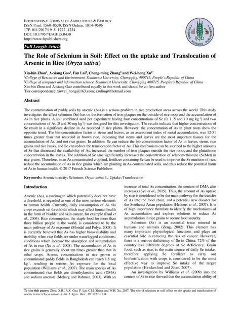 PDF The Role Of Selenium In Soil Effect On The Uptake And Translocation Of Arsenic In Rice