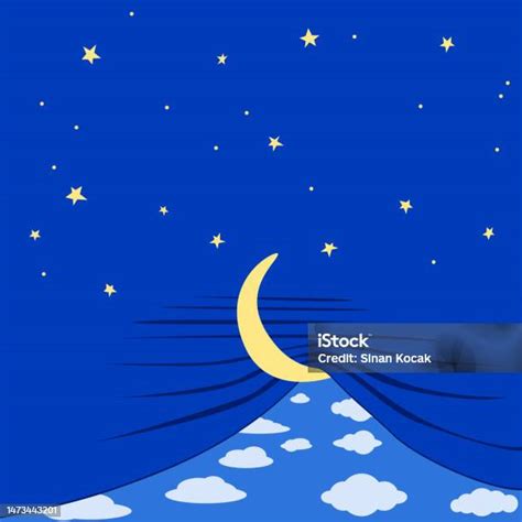 그림 만화 손으로 그리는 밤 낮 변화 일출 일몰 달과 별은 흐린 푸른 하늘에 커튼으로 닫혀 좋은 밤을 기원합니다 0명에 대한 스톡 벡터 아트 및 기타 이미지 Istock