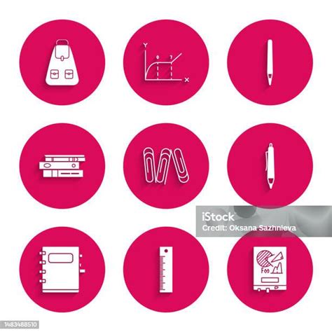 종이 클립 눈금자 그래프 차트가 있는 보드 펜 노트북 사무실 폴더 종이 및 문서 학교 배낭 아이콘을 설정합니다 벡터 0명에 대한