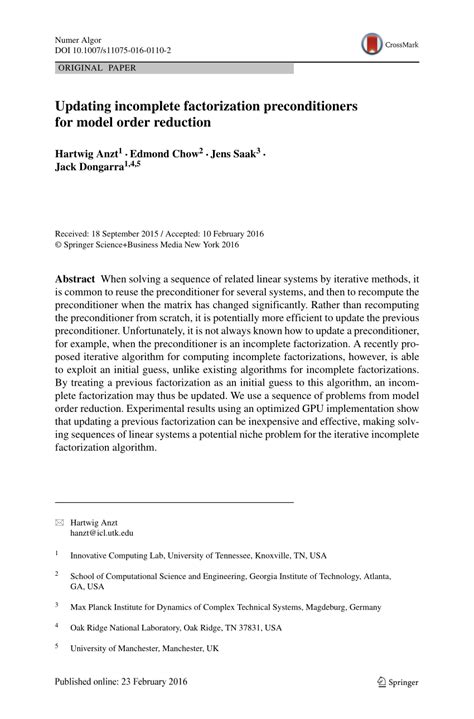 Pdf Updating Incomplete Factorization Preconditioners For Model Order Reduction