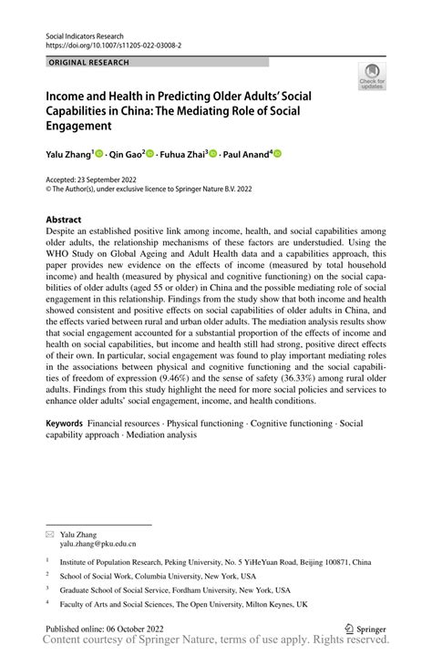 Income And Health In Predicting Older Adults Social Capabilities In China The Mediating Role