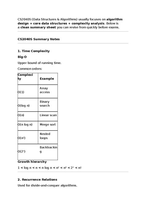 Cs2040s Summary Notes Key Concepts For Data Structures And Algorithms