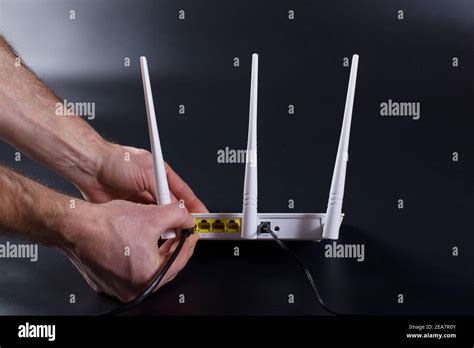 Hands Connecting Cable To White Wifi Router With Three Antennas On Black Background Stock Photo