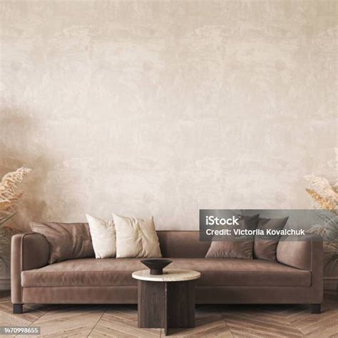 현대적인 스칸디나비아 스타일의 컨셉 디자인 인테리어 룸 프레임 베이지 색 석고 벽을 조롱합니다 나무 테이블과 장식이 있는 미니멀한 소파 3d 렌더링 고품질 3d 그림 0명에