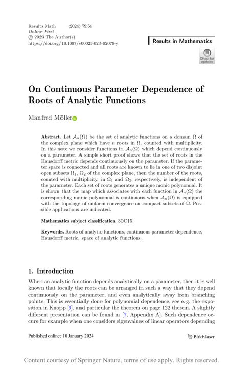 Pdf On Continuous Parameter Dependence Of Roots Of Analytic Functions